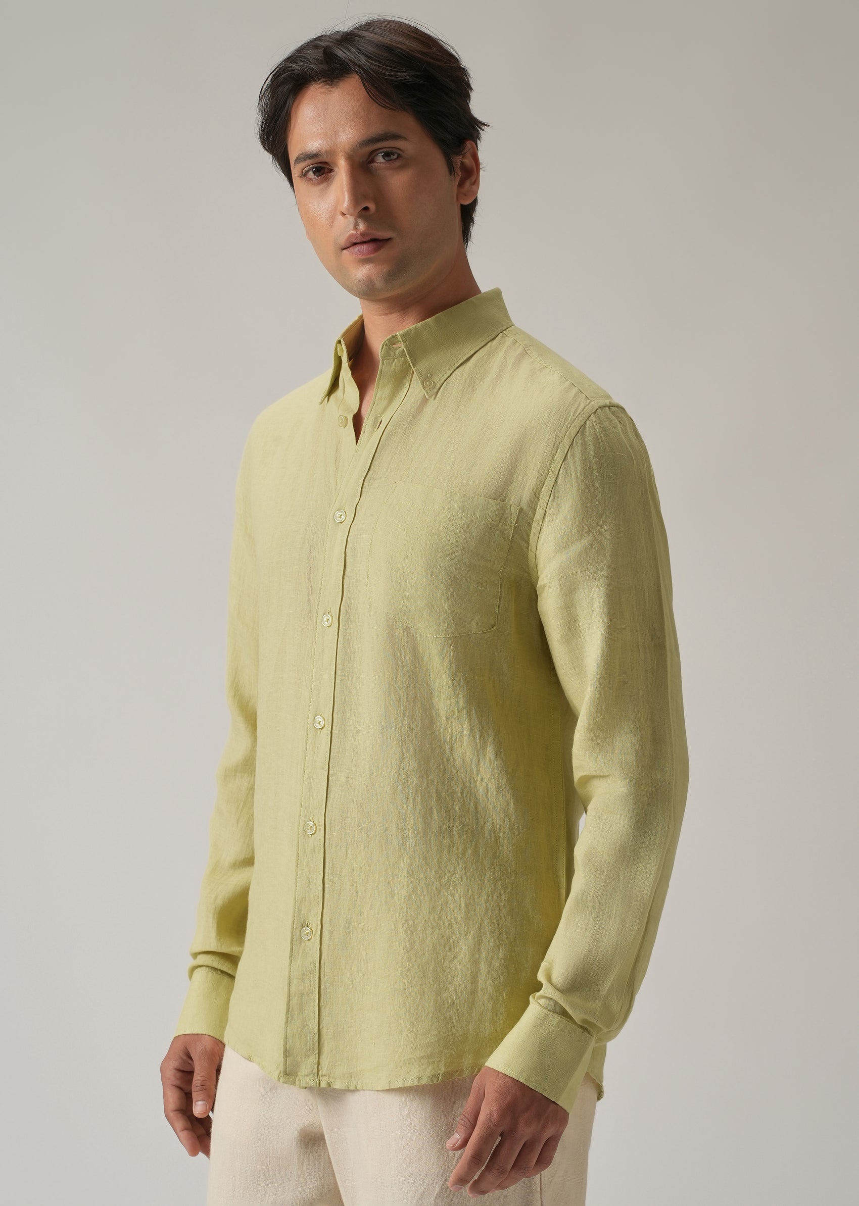 100% Pure Light Lemon Yellow Linen Shirt