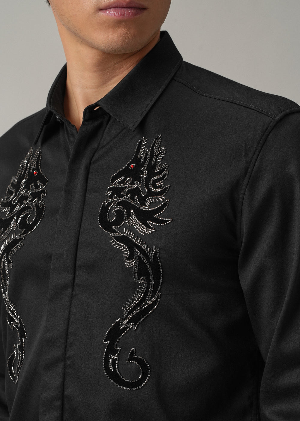 Black Serpentine Dragon Handwork Designer Shirt