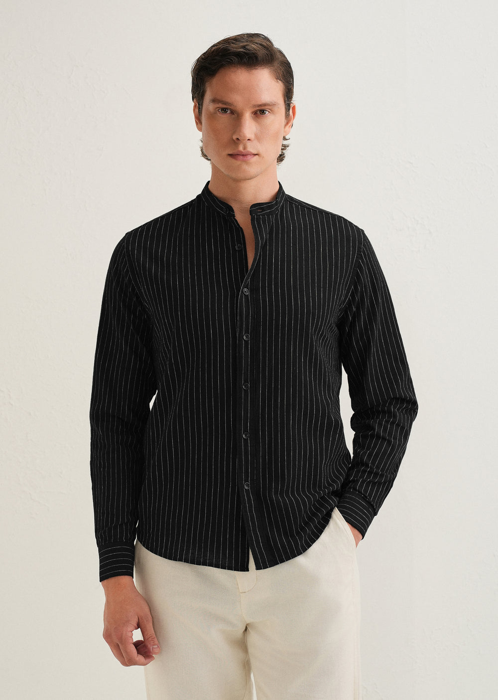Black Striped Mandarin Collar Cotton Shirt