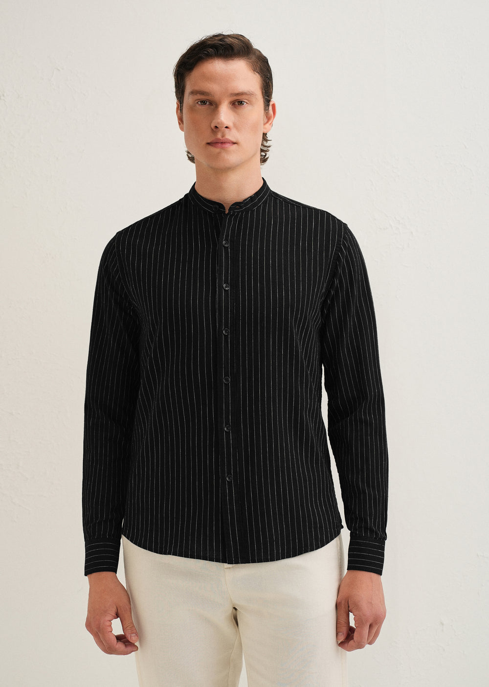 Black Striped Mandarin Collar Cotton Shirt