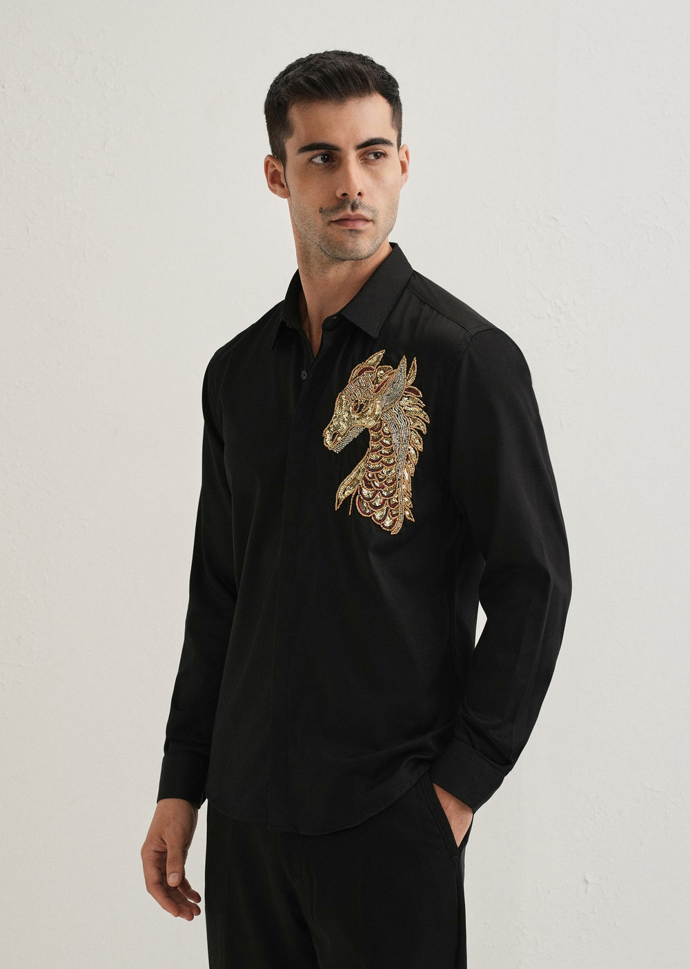 Black Embellished Dragon Designer Shirt