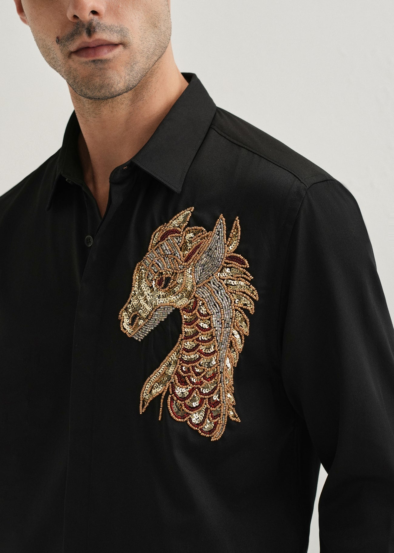 Black Embellished Dragon Designer Shirt
