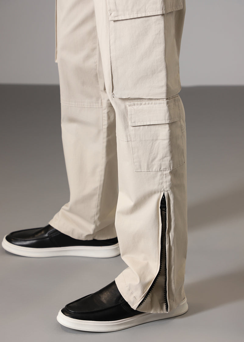 Cream Zipper Cargo Pant