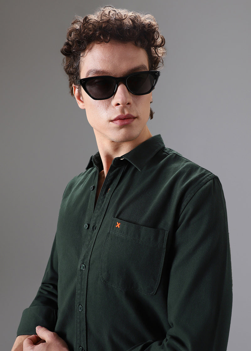 Dark Green Plain Cotton Single Pocket Shirt