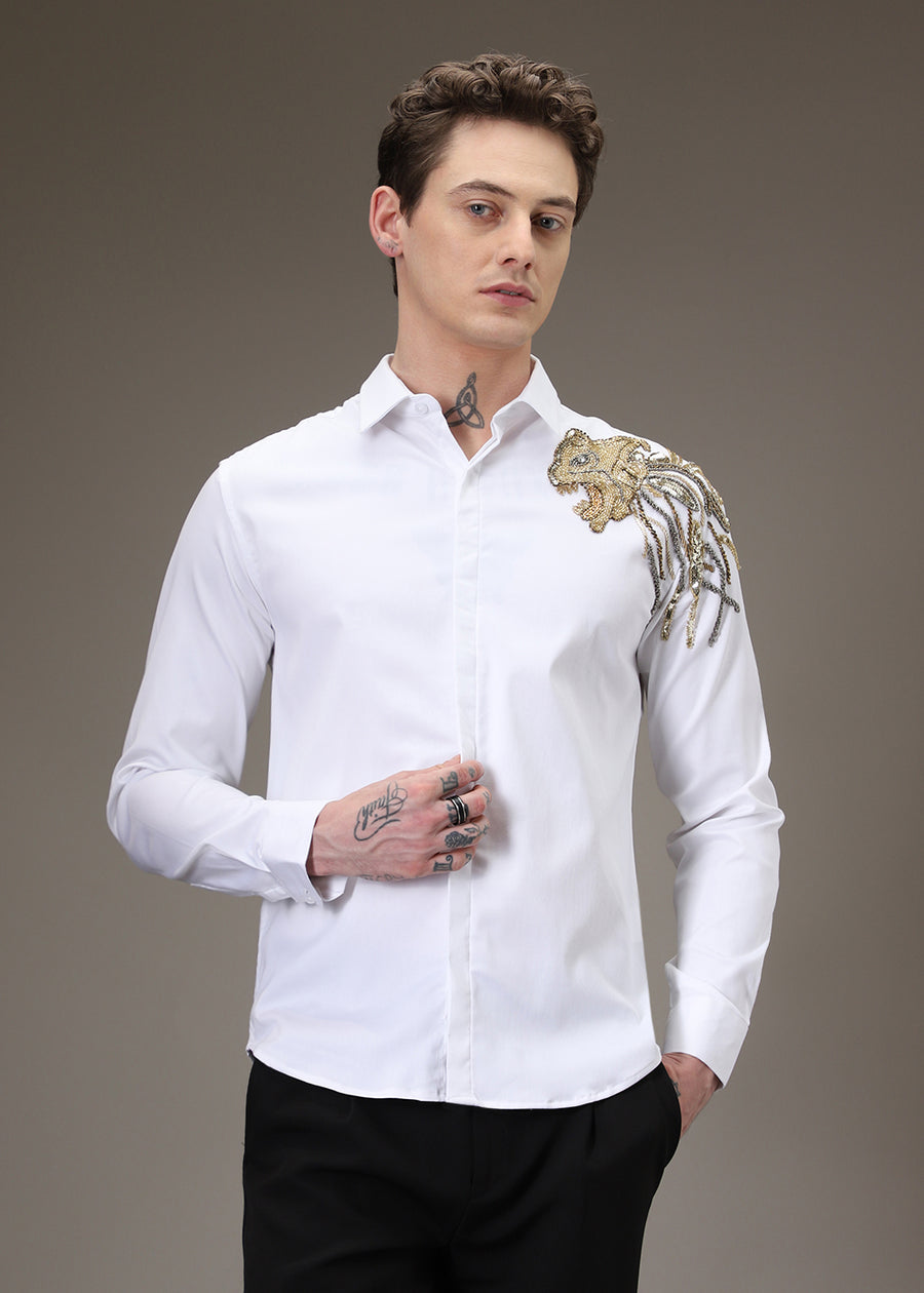 Lion Luxe White Sequenced Designer Shirt
