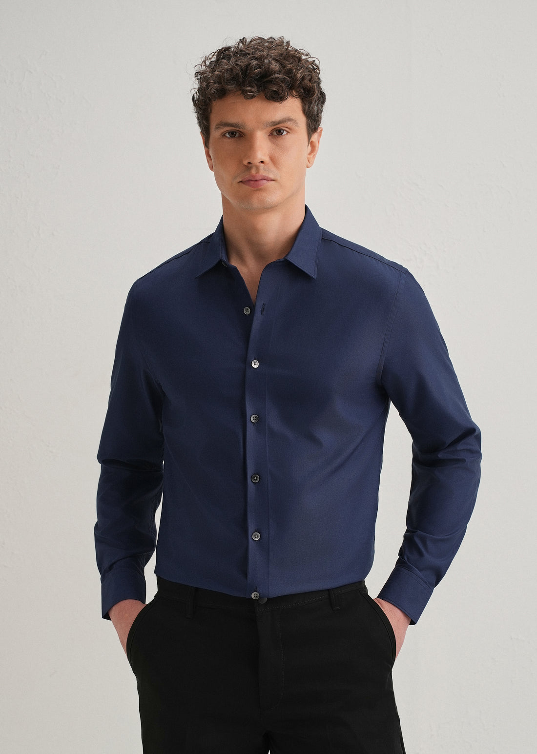 Navy Blue Stitchless Placket Premium Wrinkle-Free Shirt