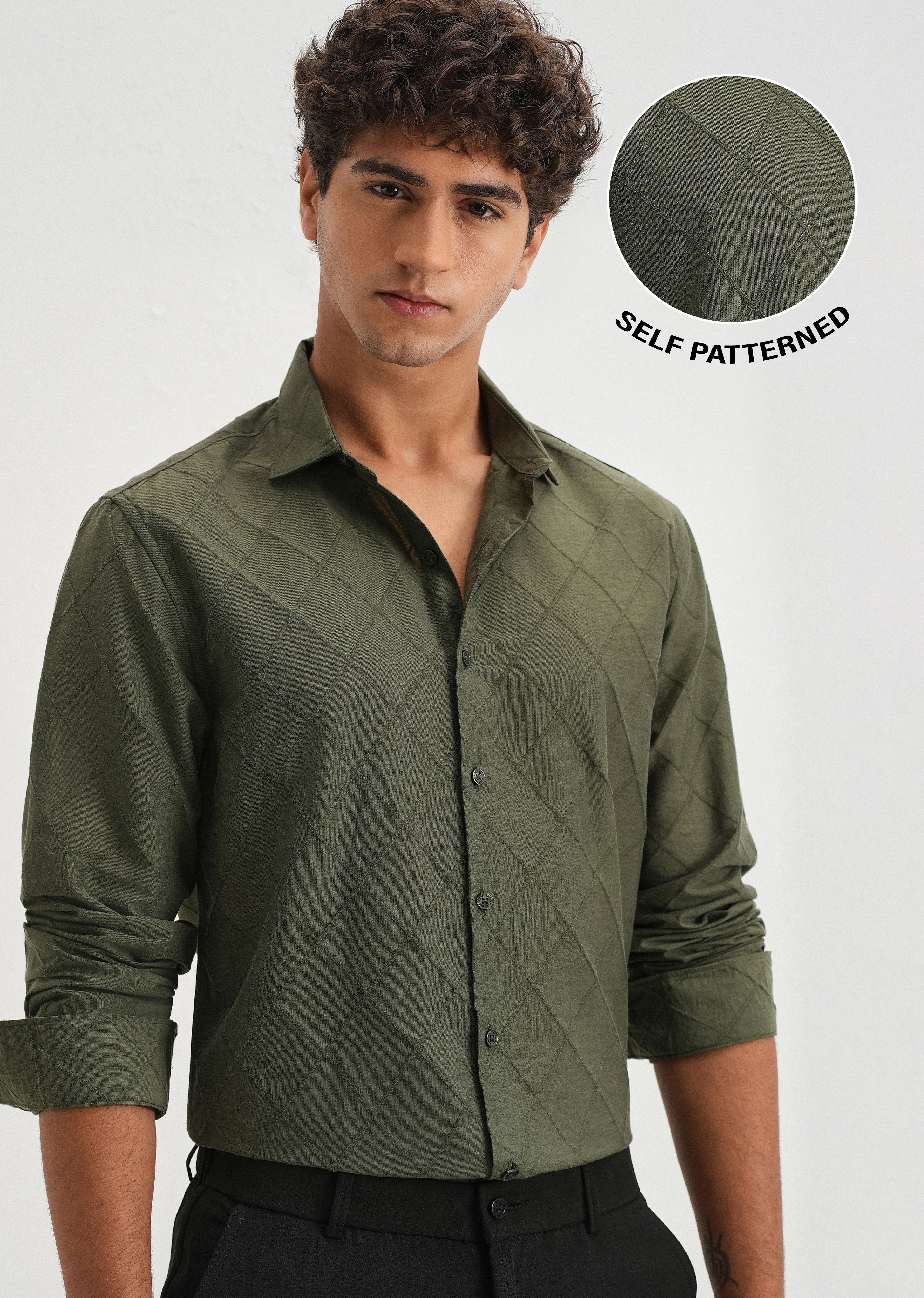 Olive Green Diamond Self Pattern Shirt