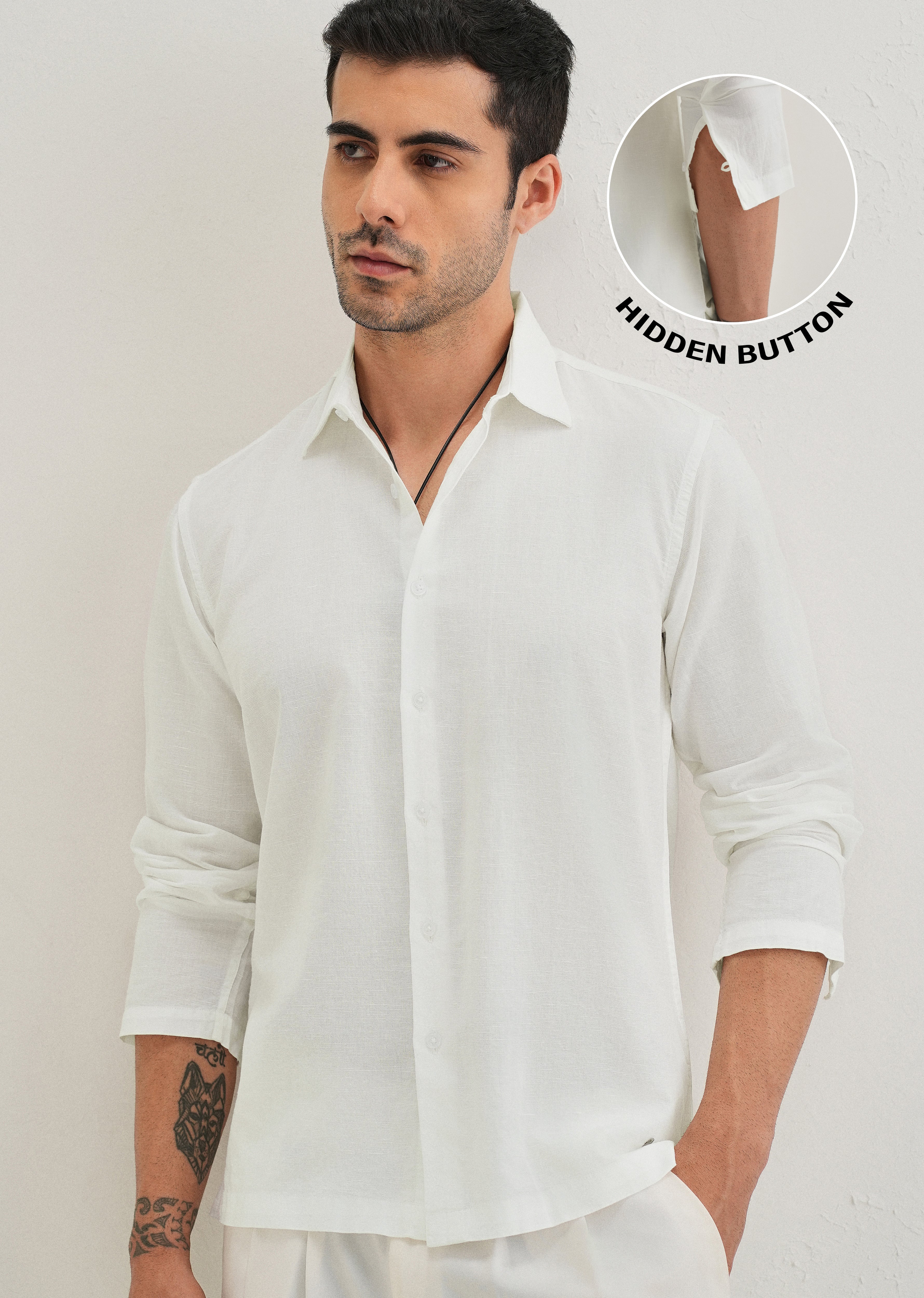 White Hidden Sleeve Placket Cotton Linen Shirt